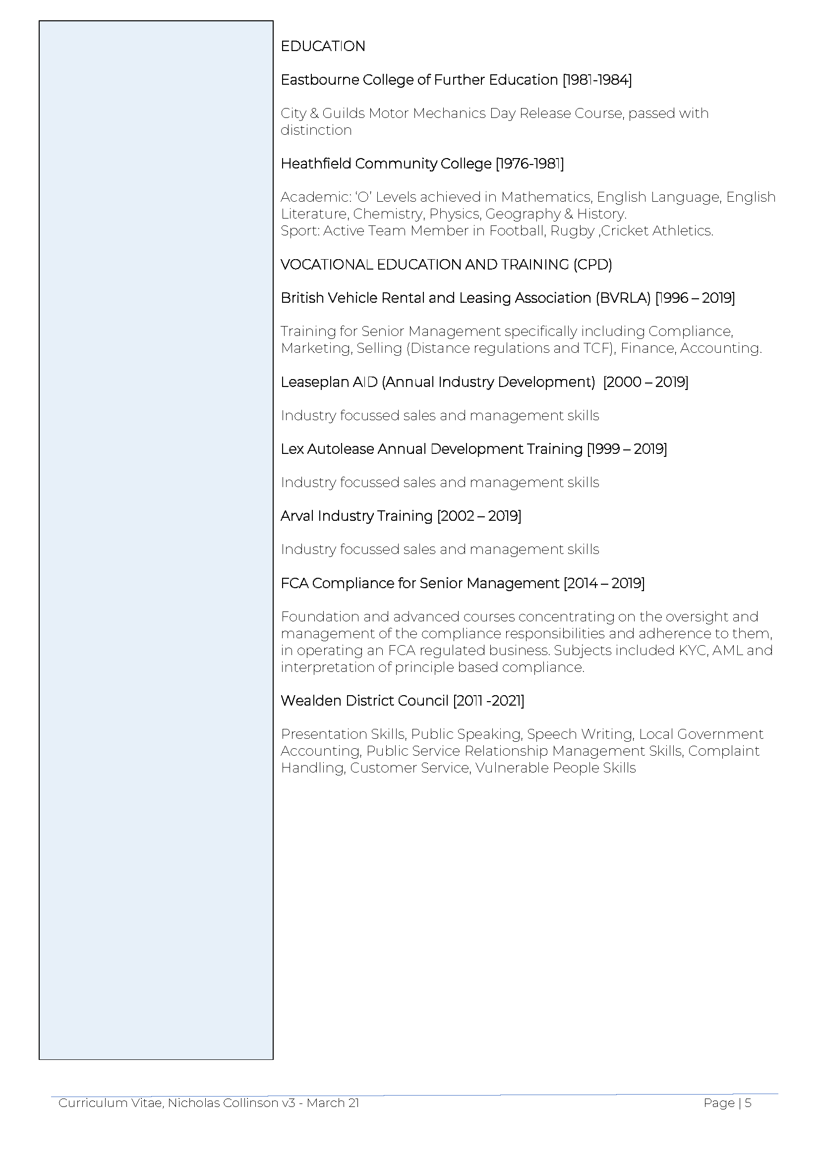 Working Life – Curriculum Vitae – Nicholas Collinson